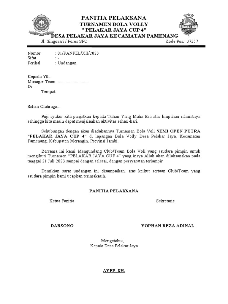 UNDANGAN Turnamen Bola Voli Pelakar Jaya Cup 4 2023 | PDF