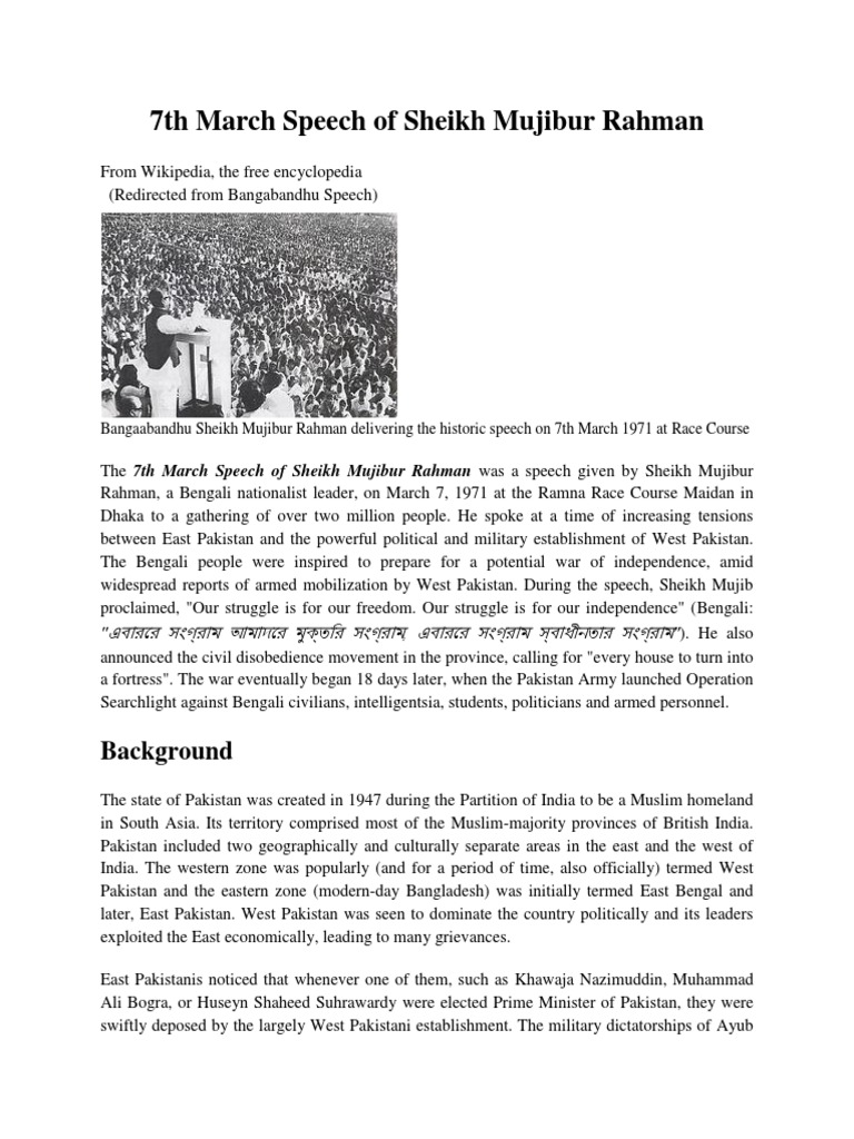 7th March Speech of Sheikh Mujibur Rahman | PDF | Pakistan | Bangladesh