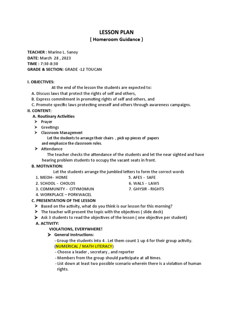 LESSON PLAN-Homeroom Guidance | PDF | Teachers | Communication