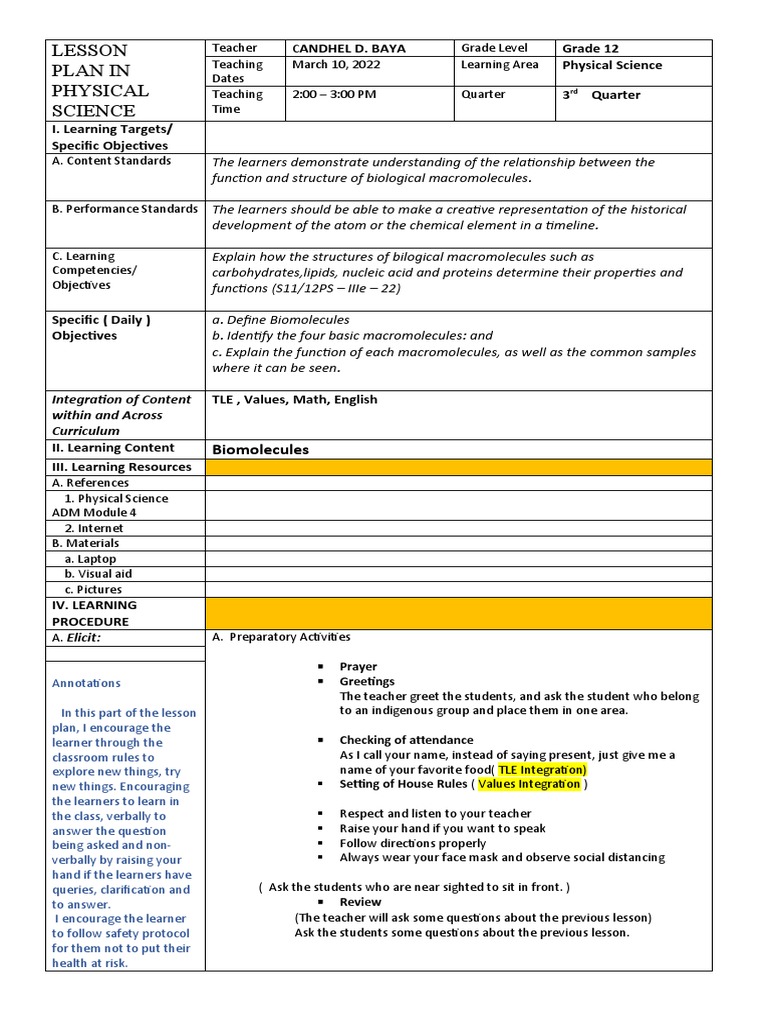 Lesson Plan With Annotation Pdf Biomolecules Nucleic Acids