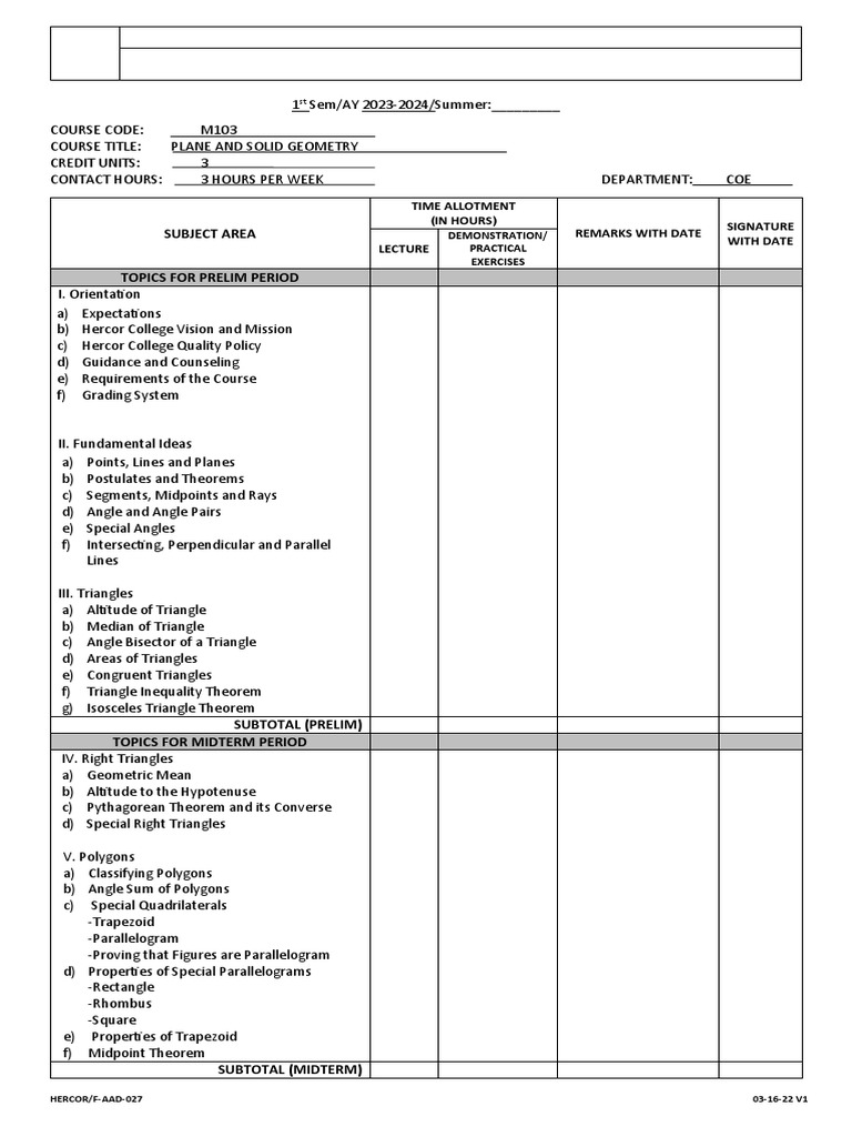 Course Outline in Plane and Solid Geometry | PDF | Triangle | Area