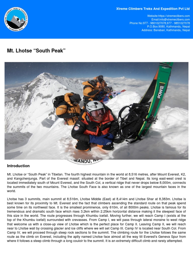 Mt. Lhotse "South Peak" | PDF | Mount Everest | Mountaineering