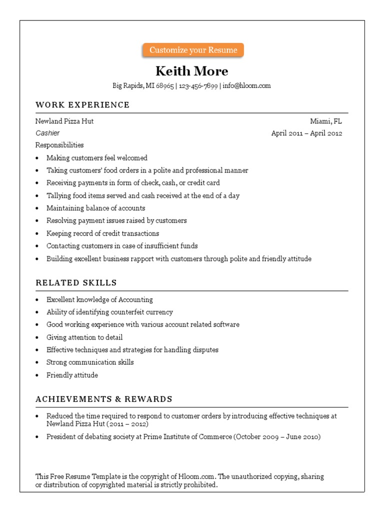 Fast Food Cashier Resume | PDF