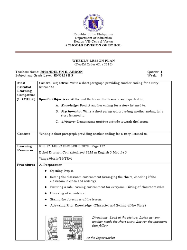 WEEKLY-LESSON-PLAN-ENGLISH-3-WEEK-3-Q1 | PDF | Learning | Lesson Plan