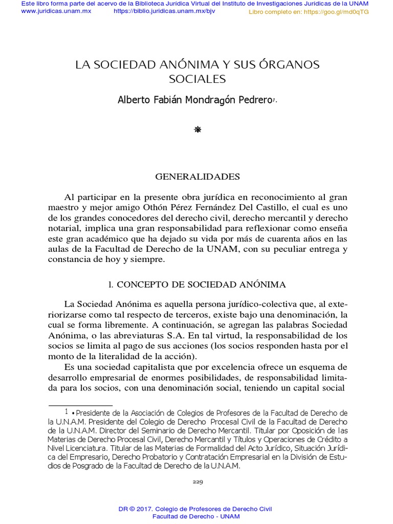 La Sociedad Anónima Y Sus Órganos Sociales: Alberto Fabián Mondragón Pedrero | PDF | Sociedad de ...