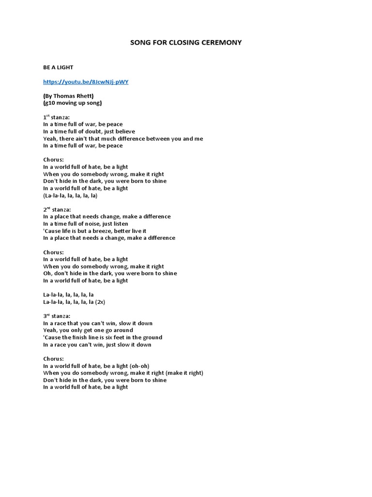 Song For Closing Ceremony Pdf