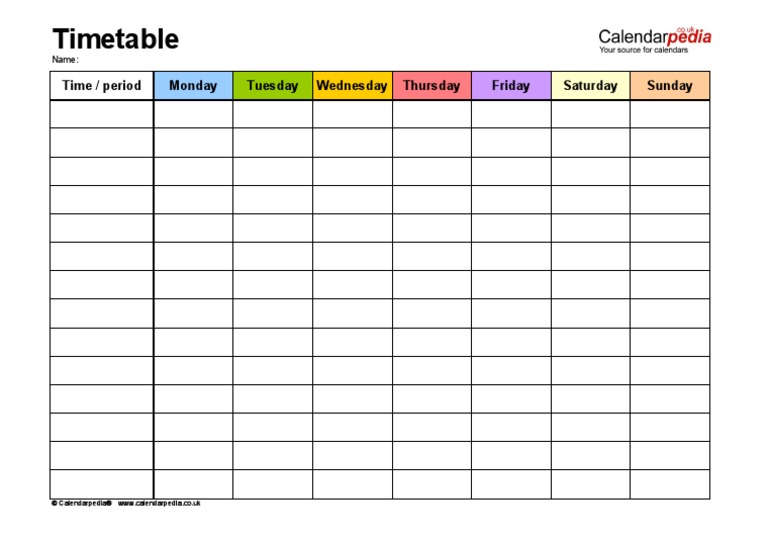 Timetable Monday To Sunday in Colour | PDF