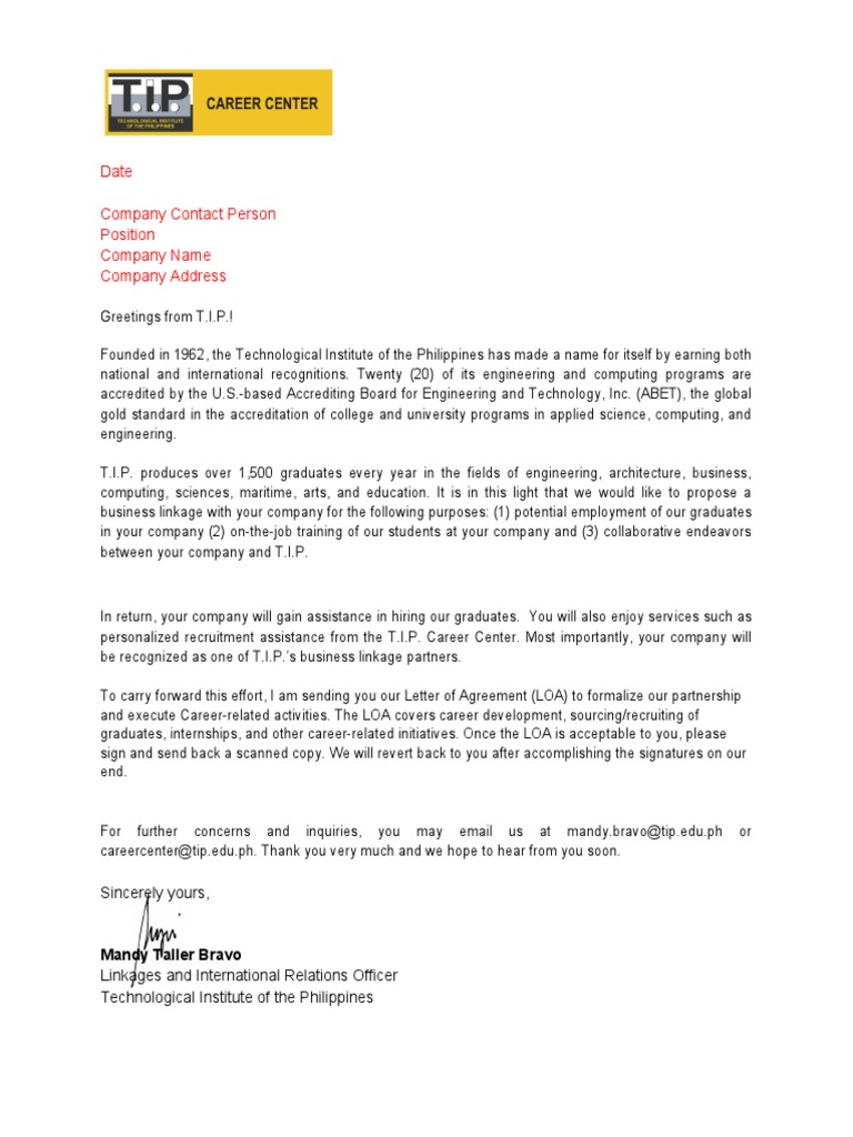 T.I.P. Partnership Letter Letter of Intent 1 | PDF
