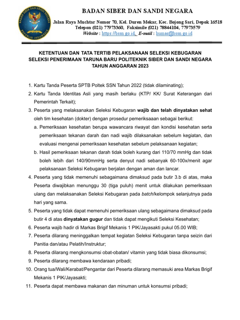 Ketentuan Dan Tata Tertib Seleksi Kebugaran SPTB - Sign - Signed | PDF