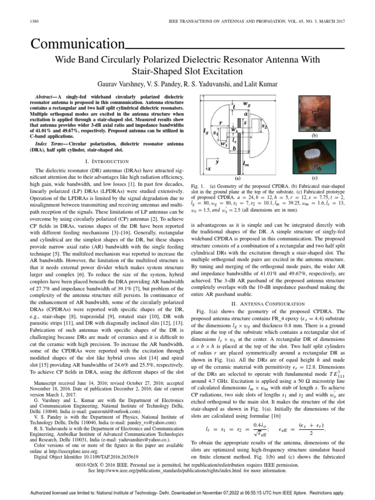 Wide Band Circularly Polarized Dielectric Resonator Antenna With Stair-Shaped Slot Excitation ...