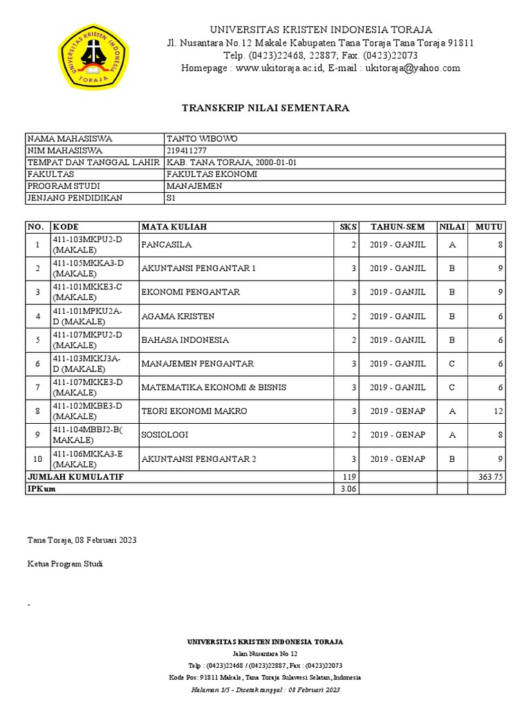 Transkrip Nilai Sementara S1 Manajemen | PDF