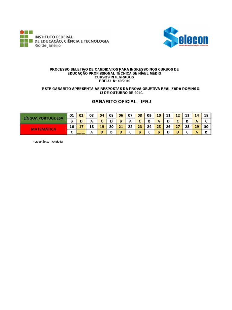 Selecon 2019 If RJ Nivel Medio Gabarito | PDF
