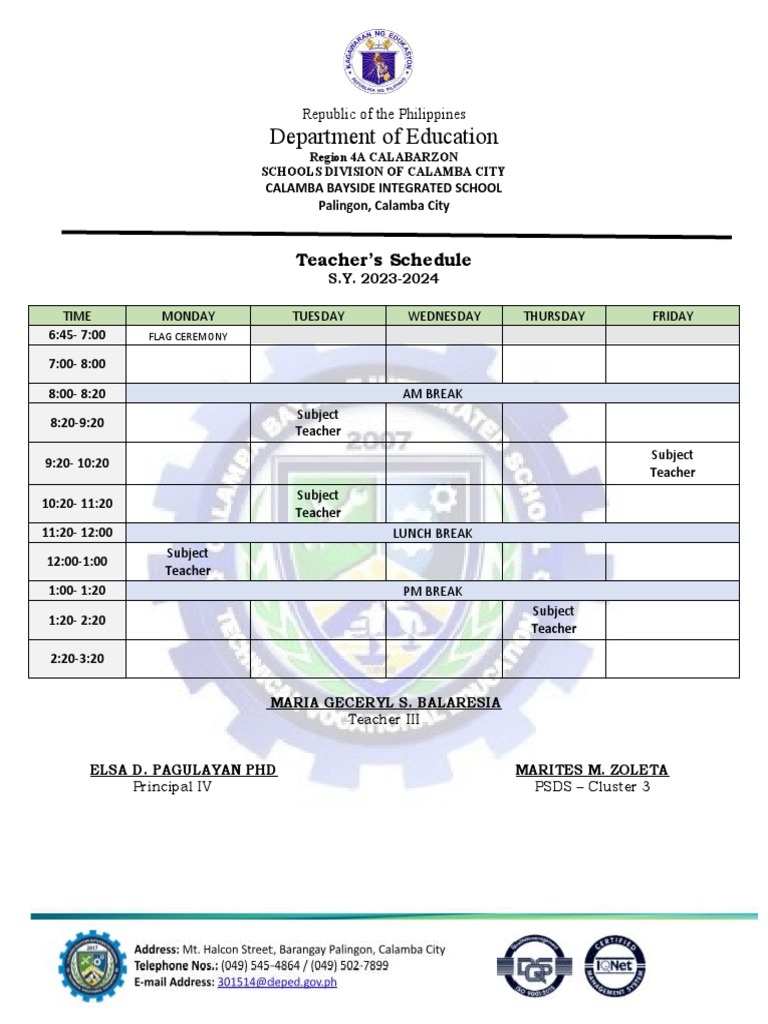 Teachers Sched Template | PDF