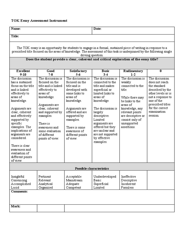 TOK Essay Assessment Marksheetdoc | PDF | Knowledge | Essays