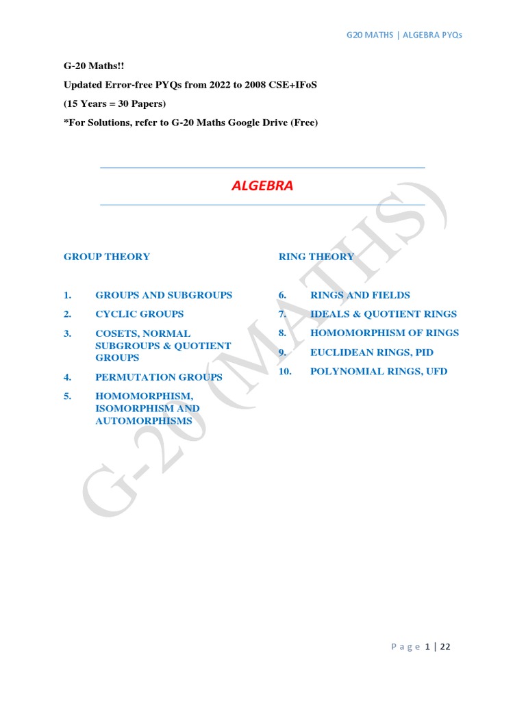 2-1 Algebra PYQs Chapterwise G-20 Maths 2022 - 230810 - 125930 | PDF ...