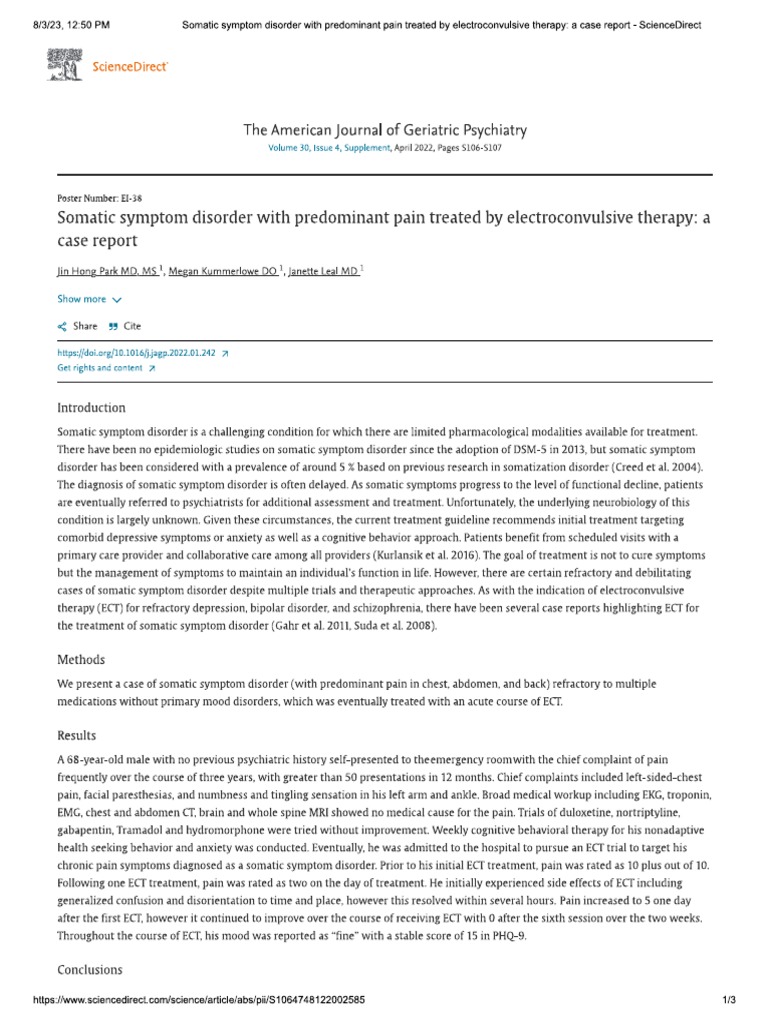 Geriatric Psych Ect Pain Article | PDF