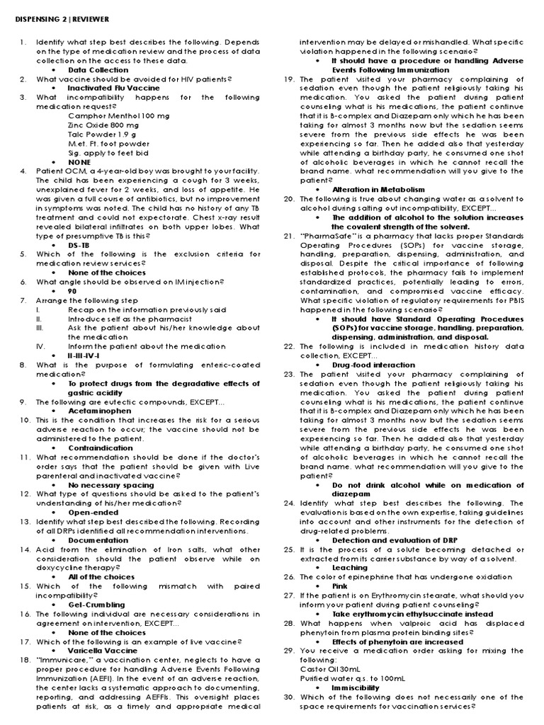 PHA 070 Dispensing 2 P2 REVIEWER | PDF | Pharmacy | Vaccines