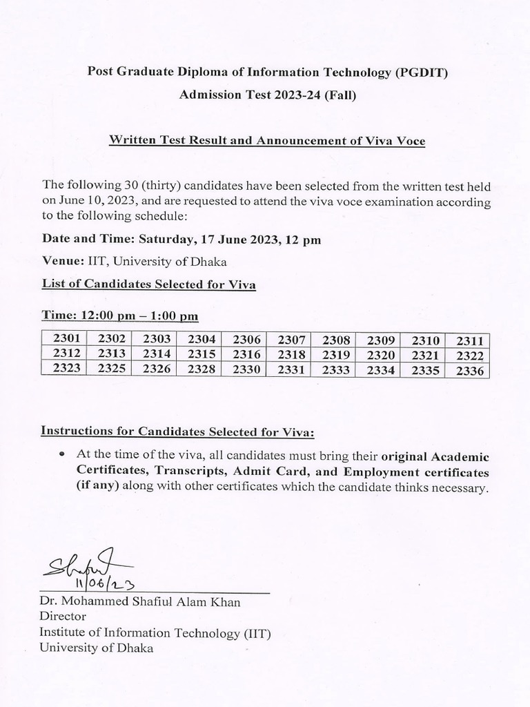 PGDIT 2023-2024 Fall Written Test Result | PDF