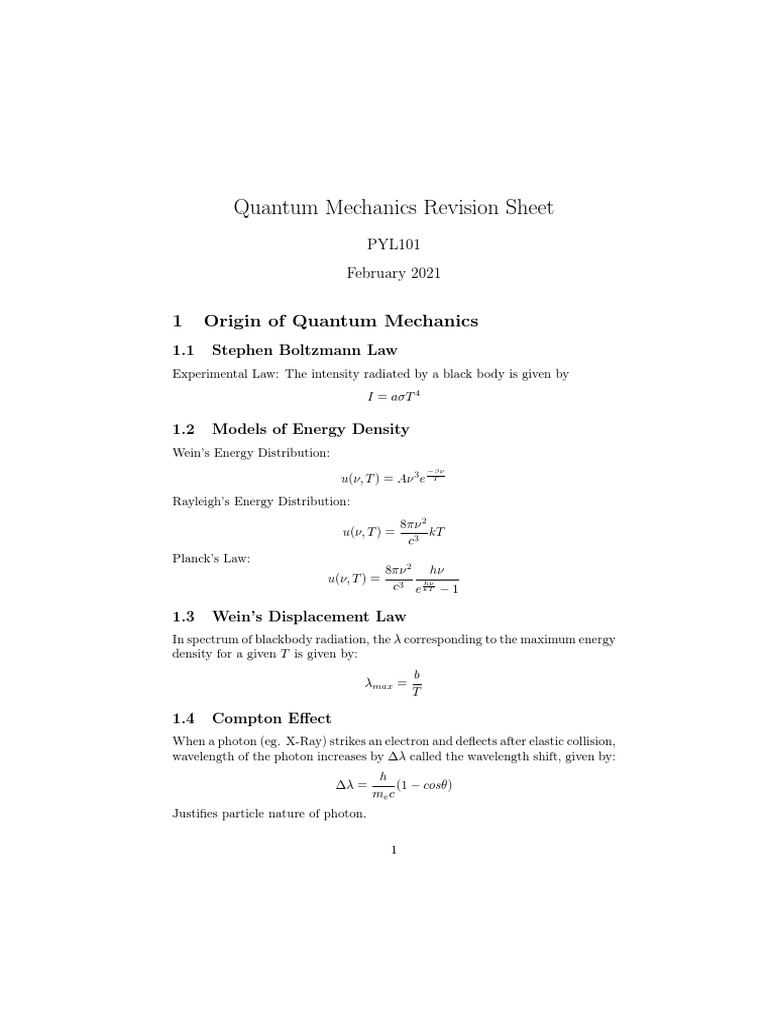 Review Sheet For Quantum Mechanics | PDF | Schrödinger Equation ...