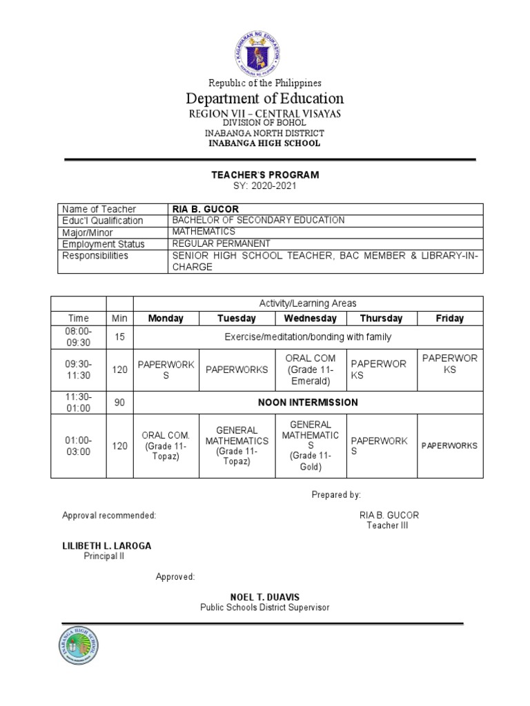 Inabanga High School Teacher Schedule | PDF