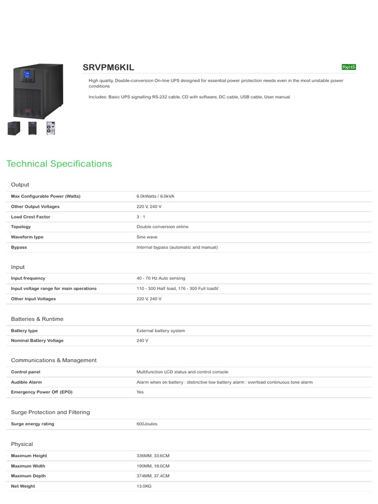 APC Easy UPS On-Line SRV 6000VA 230V Extended Runtime Model, No Battery - APC | PDF | Mains ...