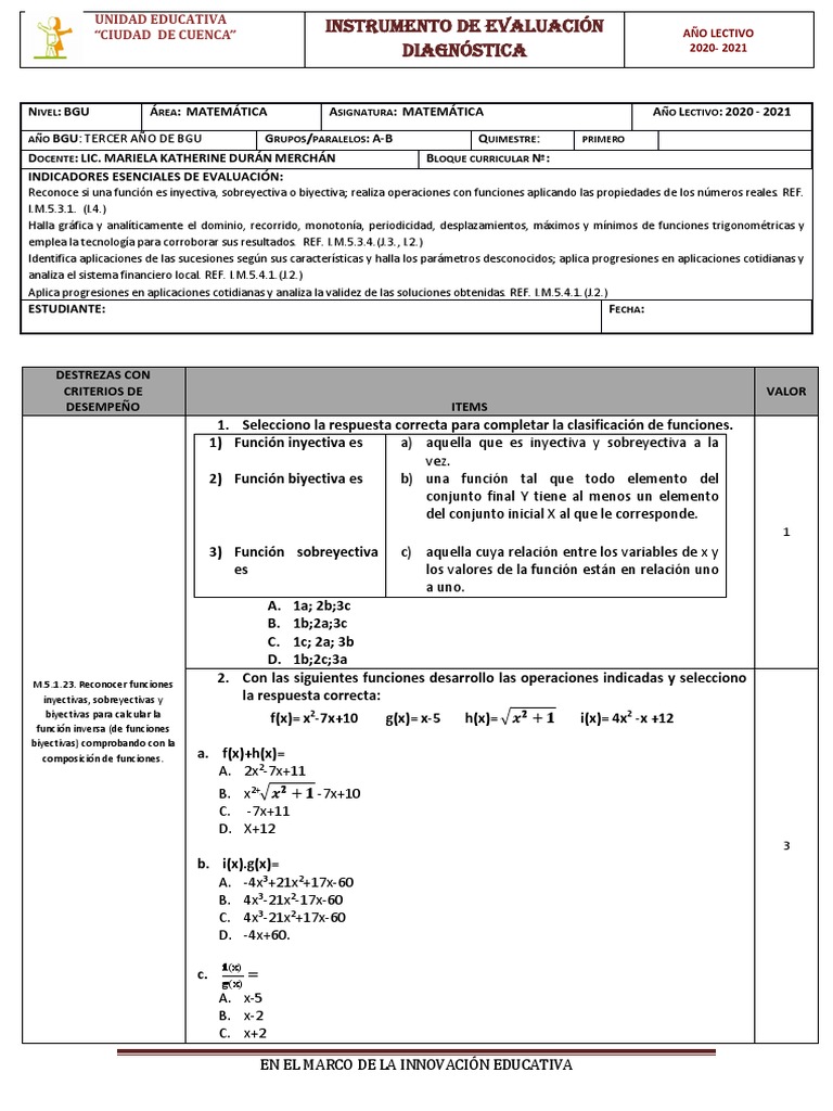 Evaluacion Diagnostica 3ro Bgu Matemáticas | PDF | Función (Matemáticas ...