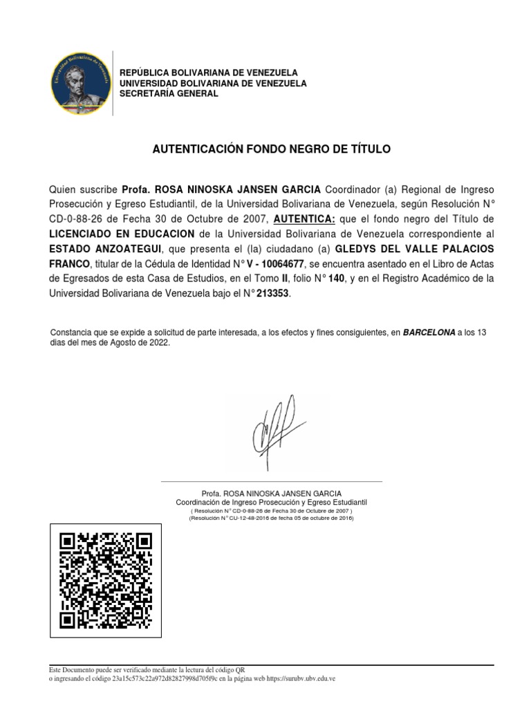Autenticacion de Titulo Gledys | PDF Autenticacion de Titulo Gledys | PDF