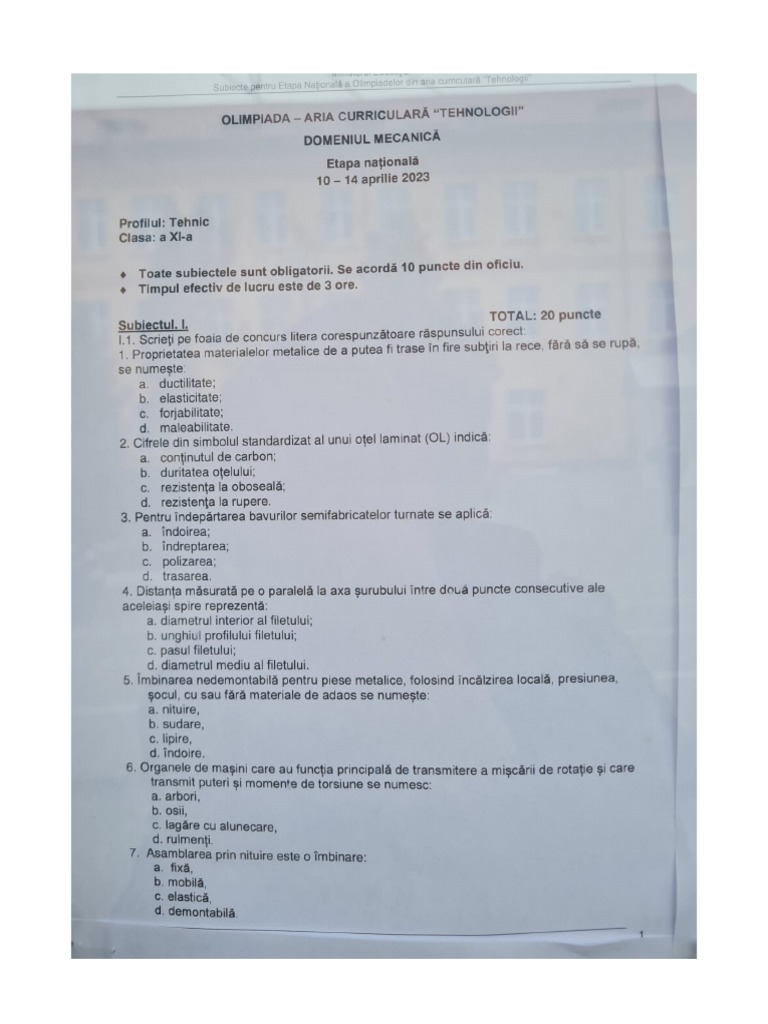 Subiecte Olimpiada Nationala Mecanica 2022-2023, XI | PDF