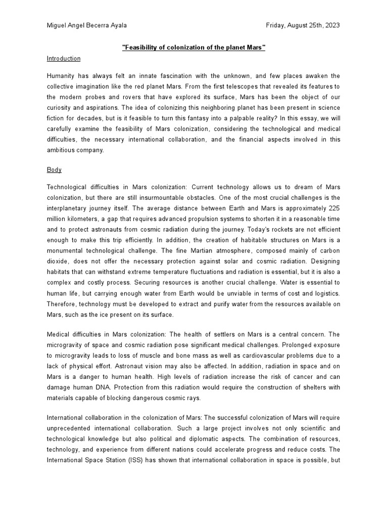 Mars Colonization Feasibility Study | PDF | Space Colonization | Mars
