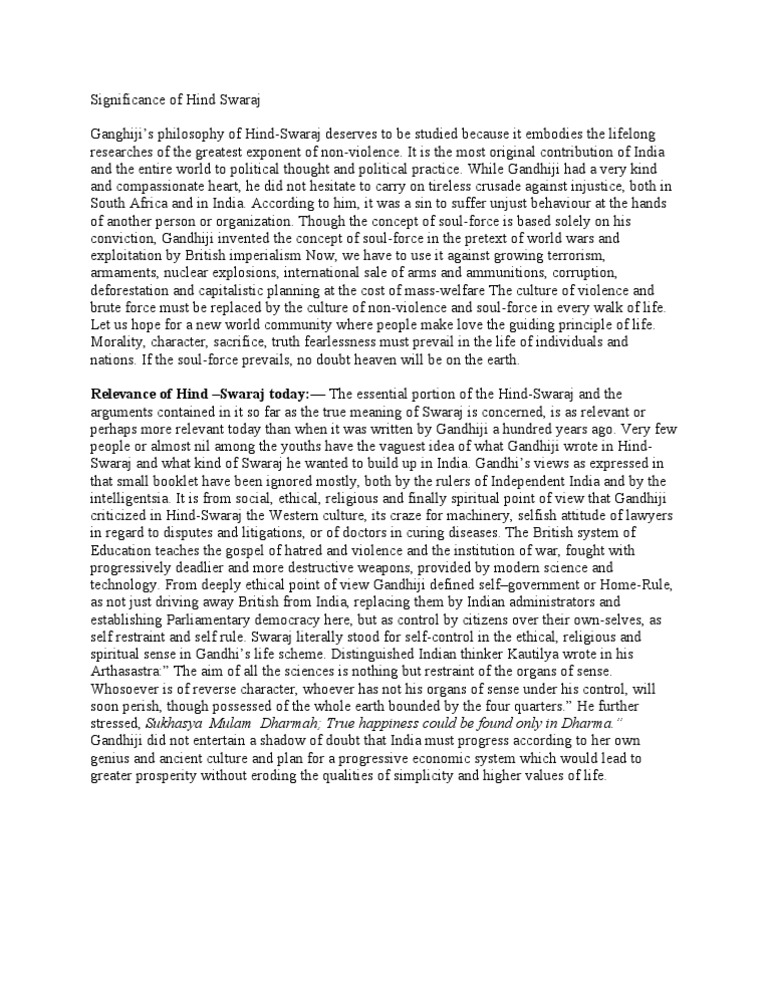 Significance of Hind Swaraj | PDF | Mahatma Gandhi | Politics (General)