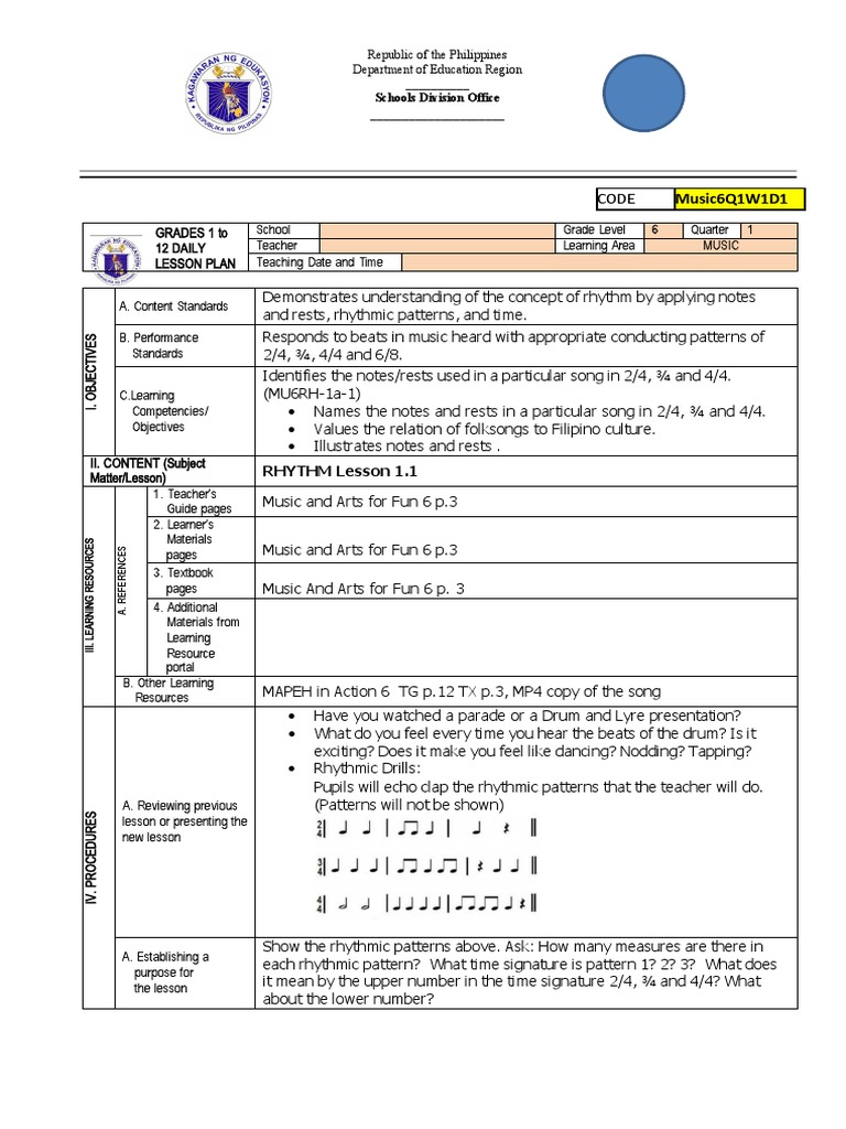 Grade 6 Music Rhythm Lesson Plan | PDF
