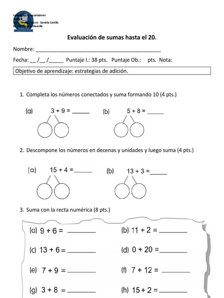 Evaluación de Sumas Hasta El 20 | PDF