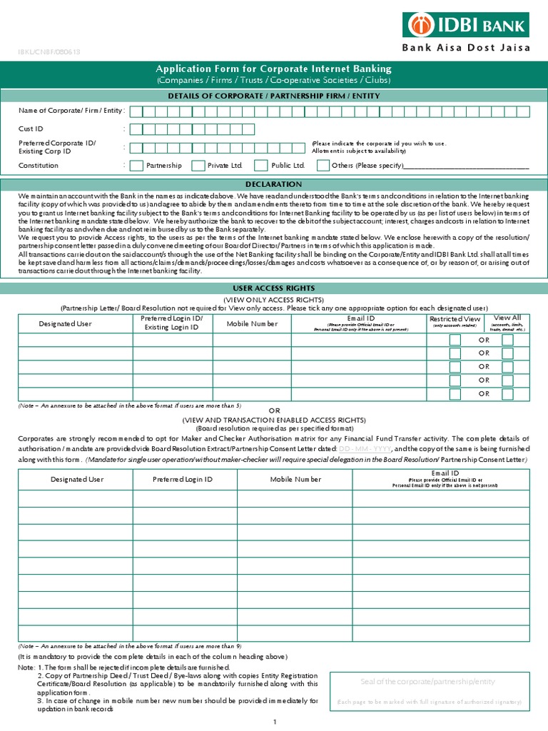 IDBI Corporate Internet Banking Form | PDF | Online Banking | Banks ...