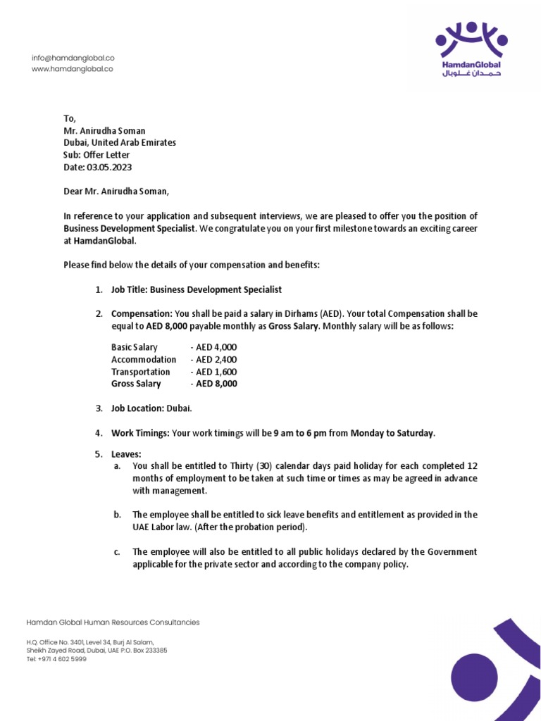 Offer Letter for Business Development Specialist | PDF | Employment ...