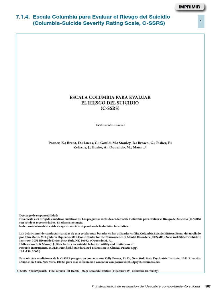 Escala 7.1.4 Escala Columbia para Evaluar El Riesgo Suicida | PDF ...