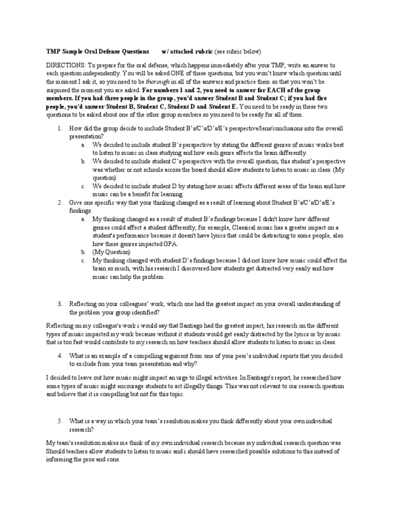 TMP Oral Defense Student Questions 2022 With Rubric | PDF | Human Communication | Psychological ...