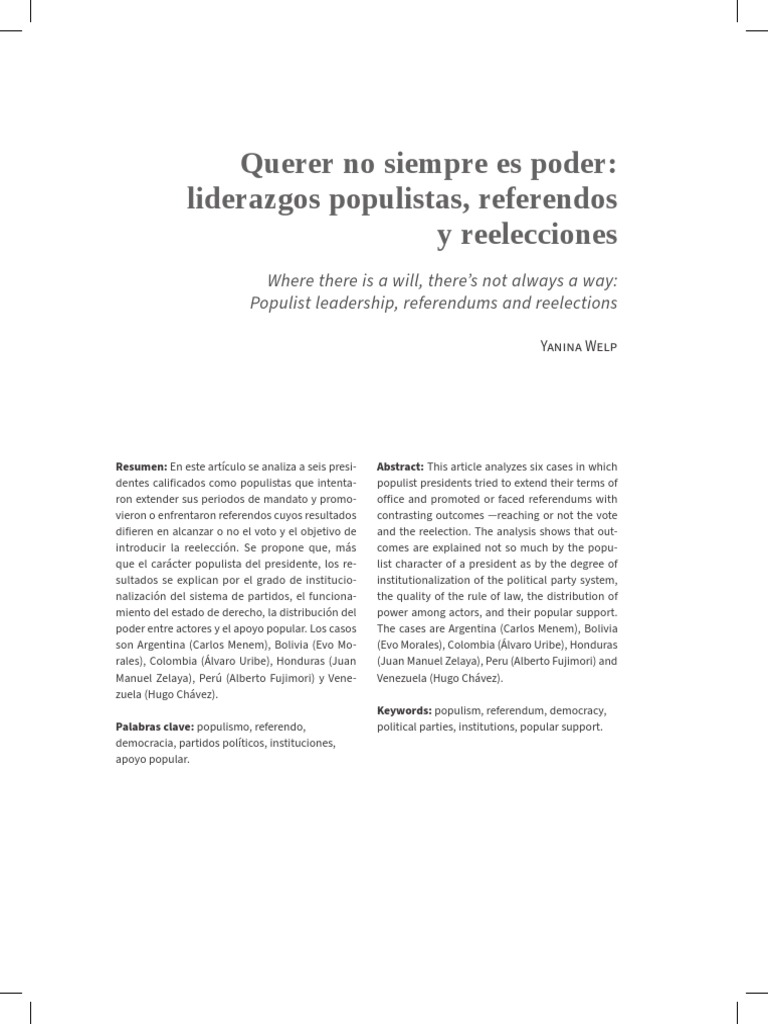 Welp, Yanina. Querer No Siempre Es Poder. Liderazgos Populistas, Refrendos y Reelecciones | PDF ...
