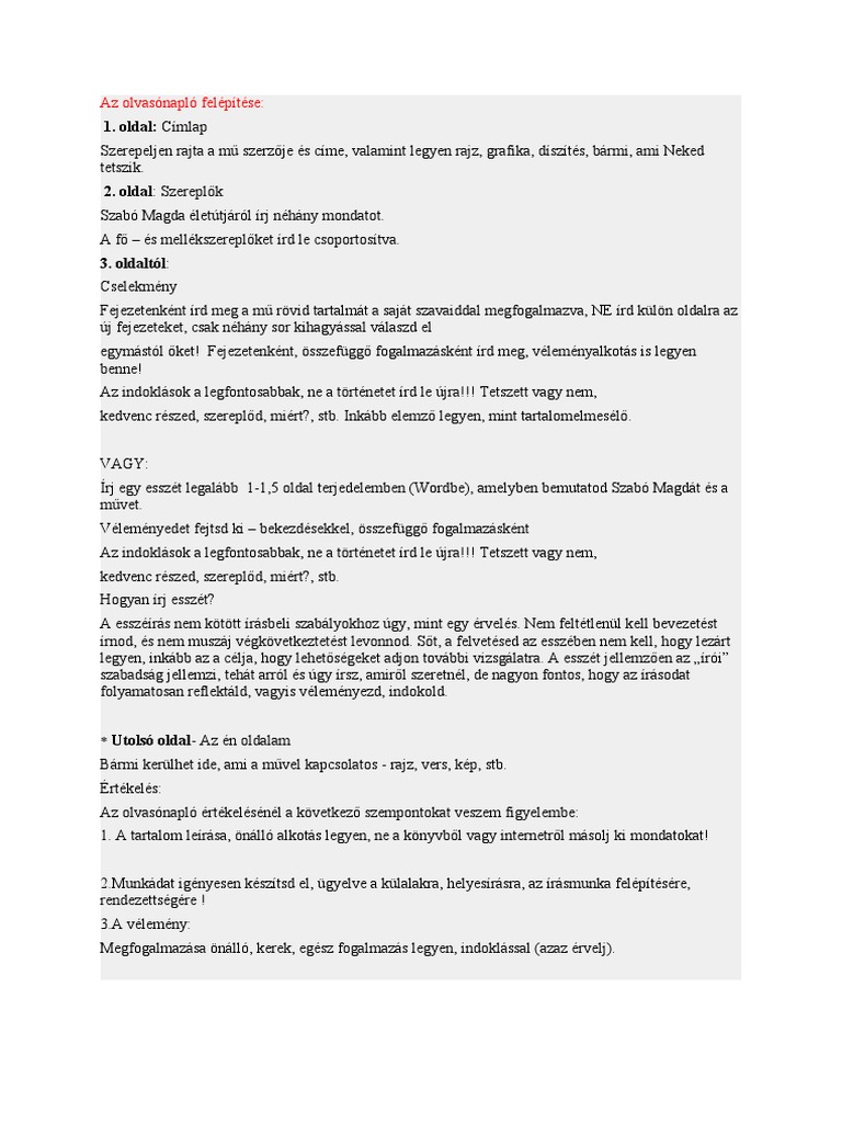 Az Olvasónapló Felépítése | PDF