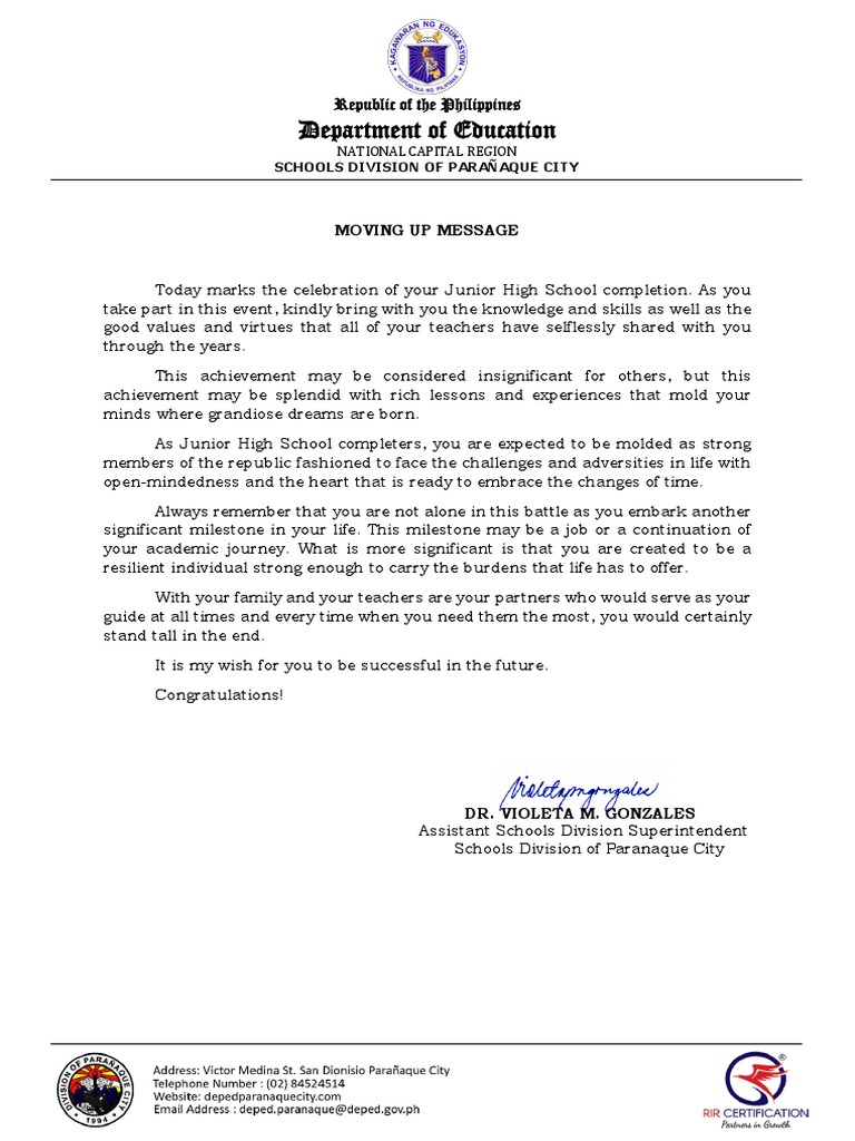 Moving Up Message for Graduates | PDF