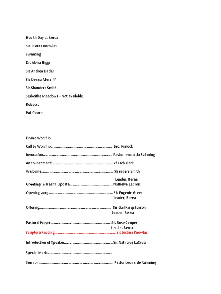 Health Day Program at Berea Church | PDF