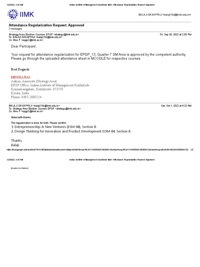 Indian Institute of Management Kozhikode Mail - Attendance ...