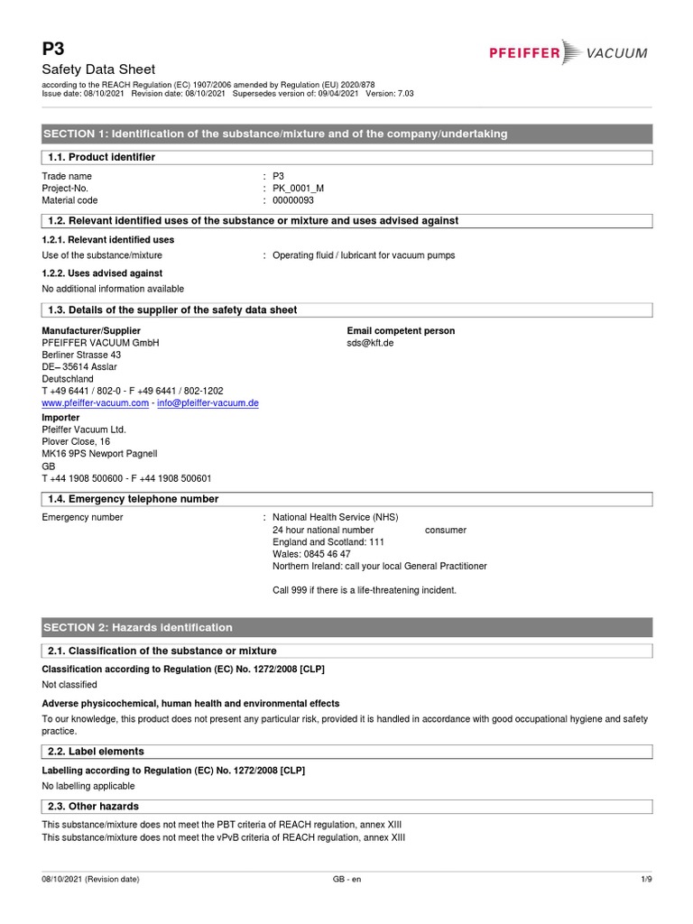 SDS00164001103 Pfeiffer P3 Vacuum Pump Oil | PDF | Dangerous Goods ...