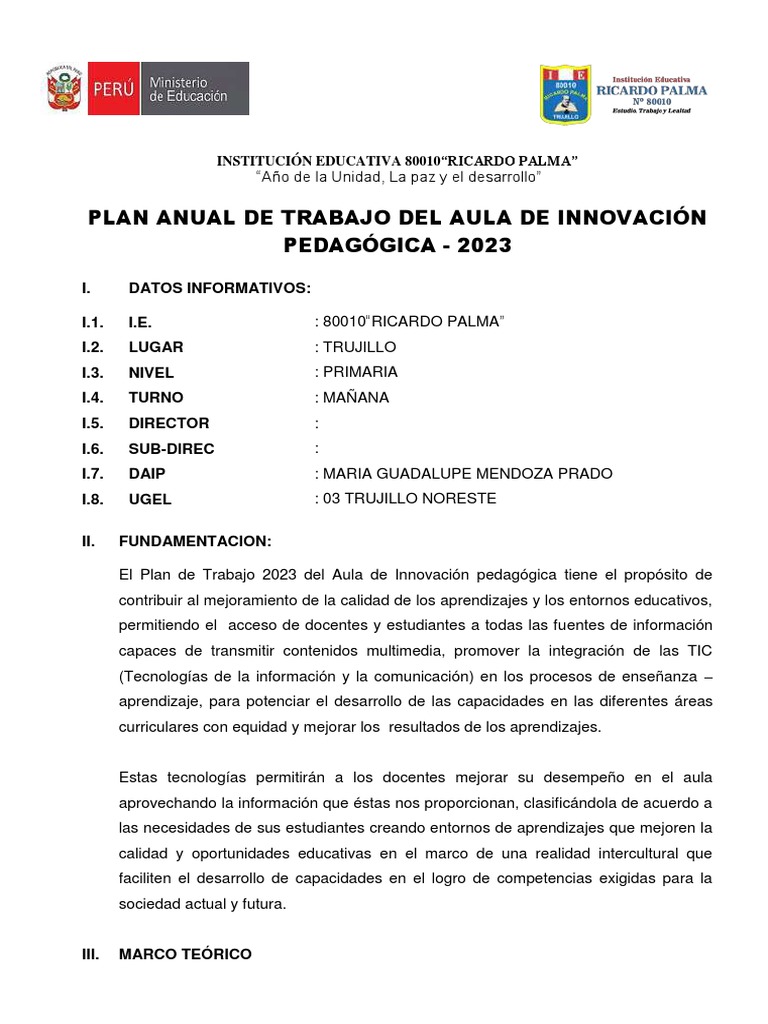 Plan Anual de Trabajo - Aip | PDF | Enseñando | Salón de clases