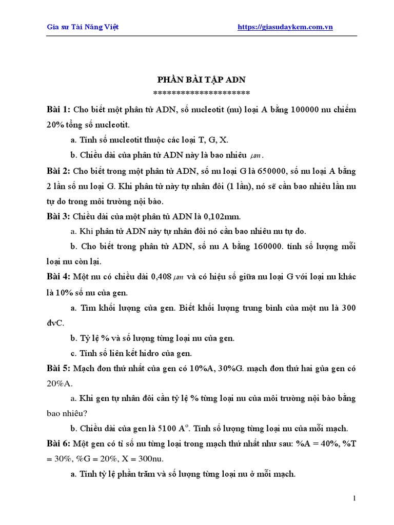 Tai Lieu Mon Sinh Lop 10 Bai Tap Adn Arn Protein Bai Tap Sinh Hoc 10 Adn Arn Va Protein | PDF