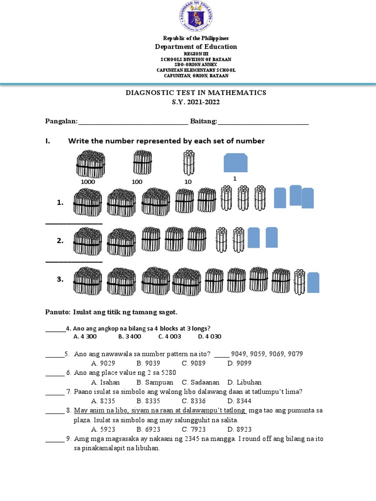 Capunitan Elementary Math Diagnostic Test | PDF