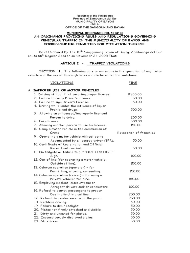 Bayog Traffic Violation Ordinance | PDF | Traffic | Traffic Ticket