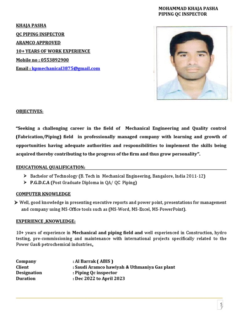 Khaja Pasha: Piping QC Inspector CV | PDF