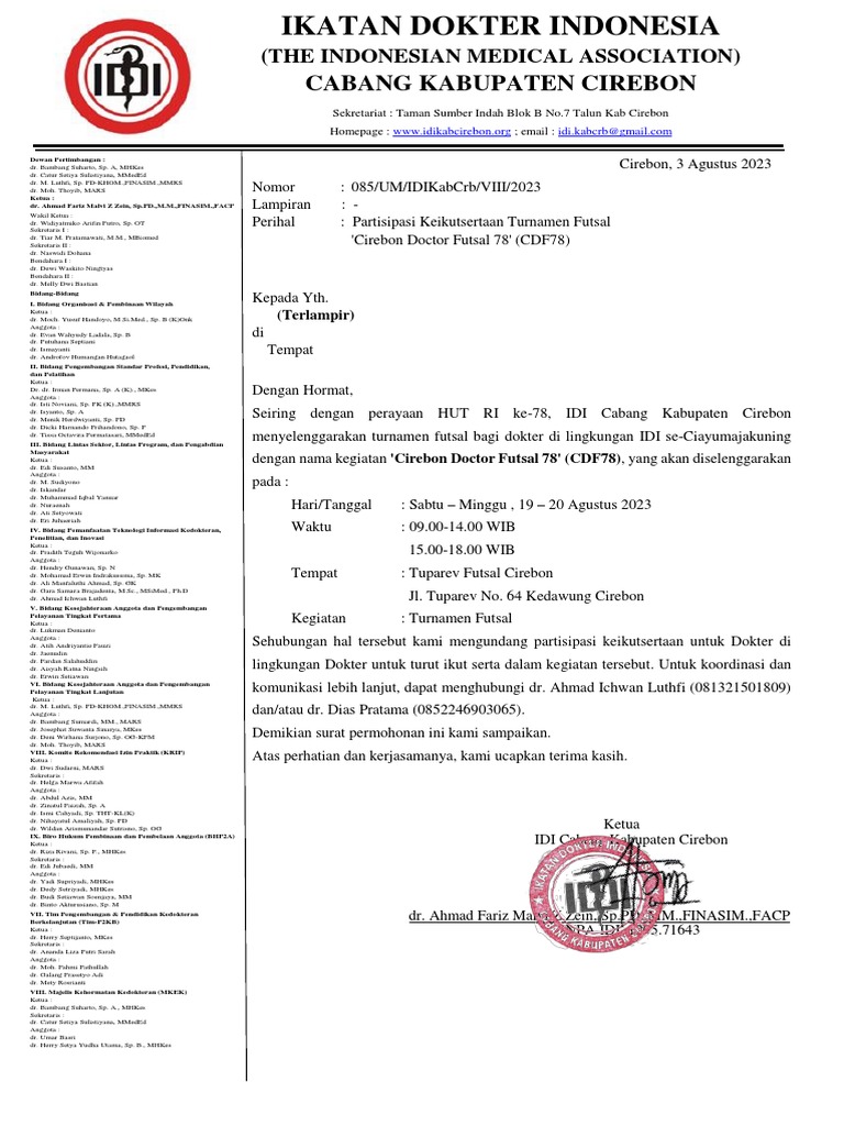 Surat Permohonan Keikutsertaan Turnamen Futsal, IDI Ciayumajakuning ... Surat Permohonan Keikutsertaan Turnamen Futsal, IDI Ciayumajakuning ...