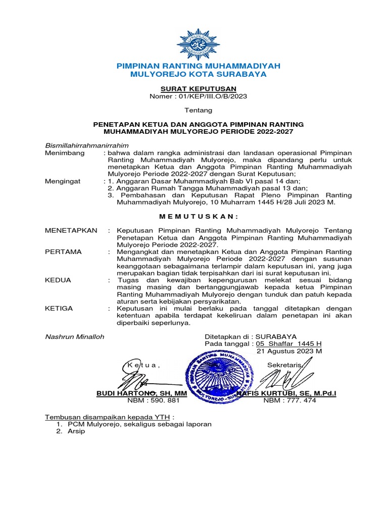 Surat No 1, SK PR Ipm Mulyorejo 2022-2027 | PDF