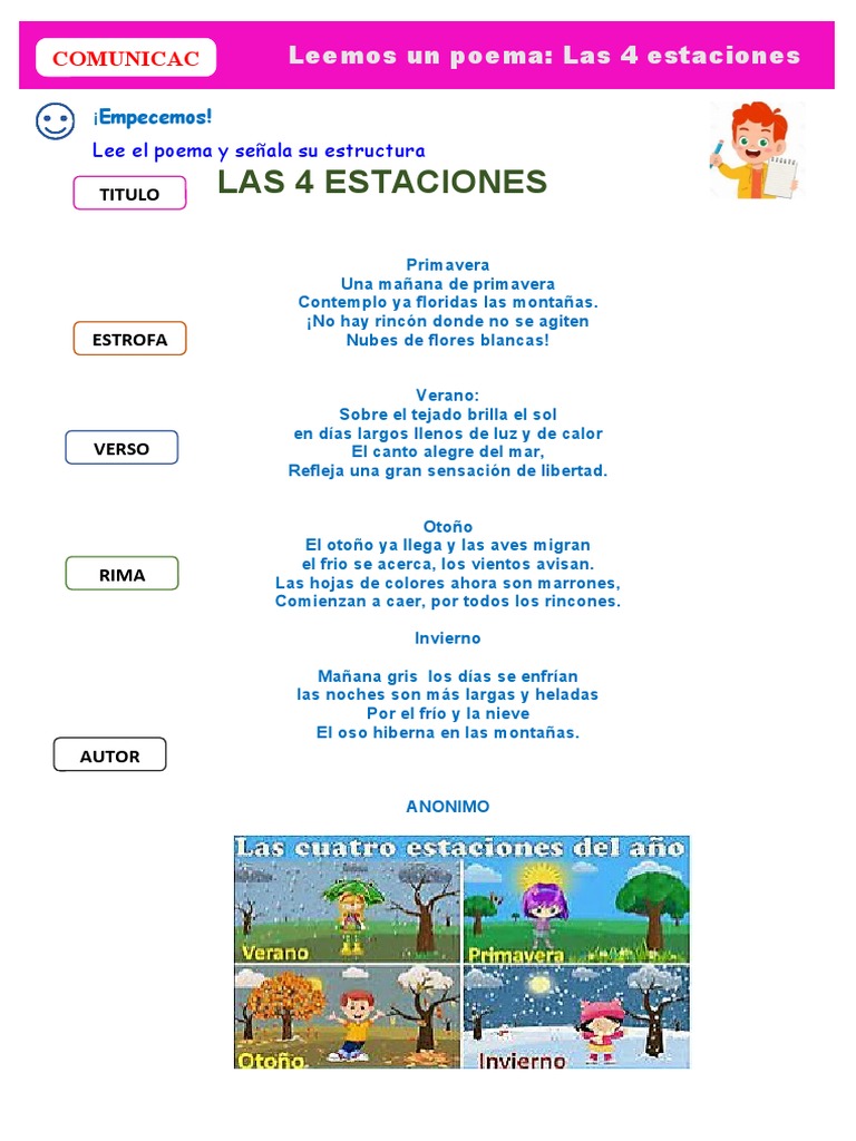 Poemas De Las Cuatro Estaciones Del Ano Poesías Cortas Para Niños